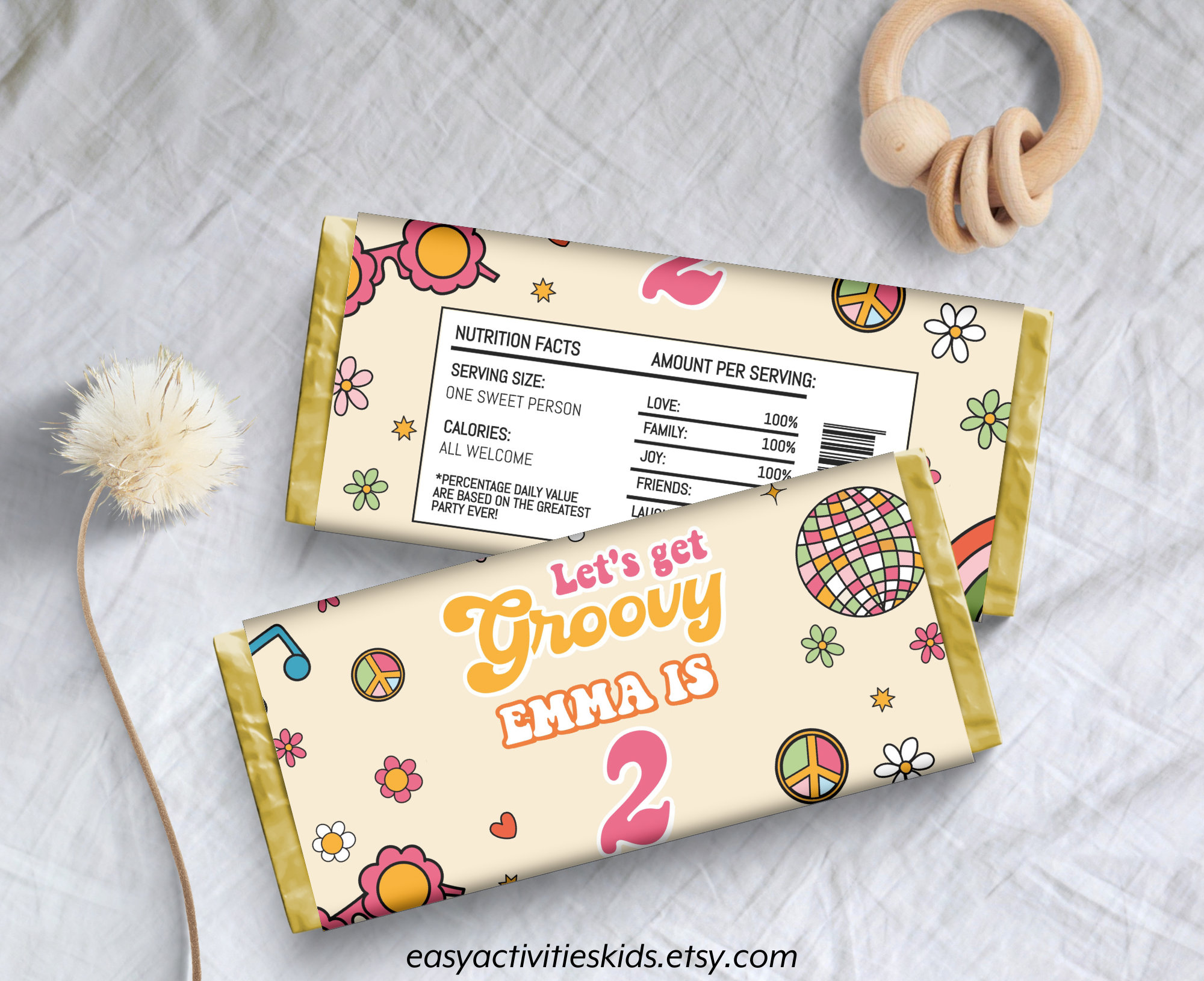 Editable Groovy Retro Chocolate Bar Labels Candy Wrapper, Hippie Flower ...