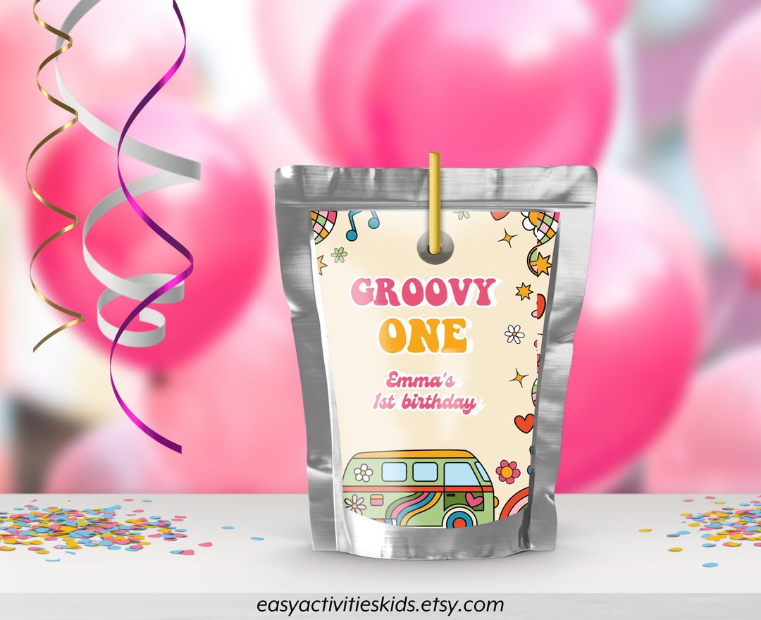Editable Groovy One Retro Capri Sun Labels Juice Pouch, Hippie Flower ...