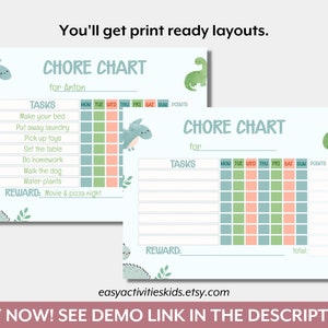 Kids Chore Chart Dinosaurs, Editable & Printable Reward System | Kids ...