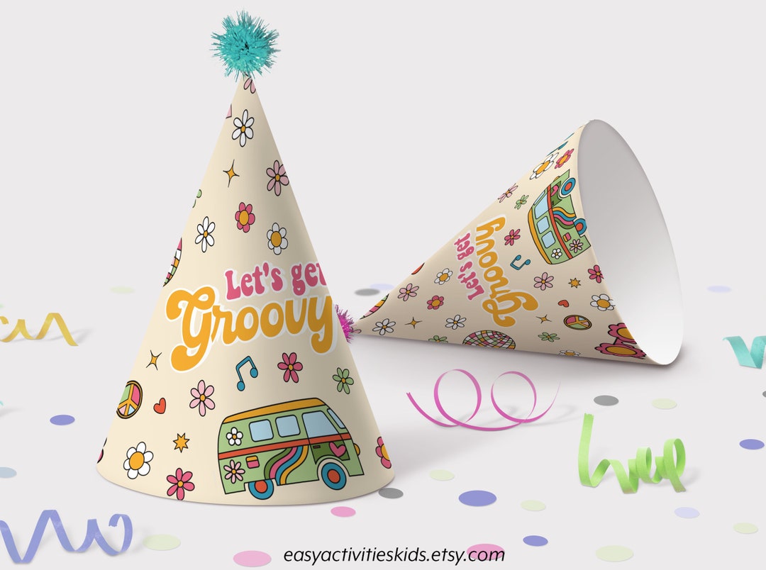 Editable Printable Groovy Retro Party Hats, Birthday Hippie Flower 70s ...