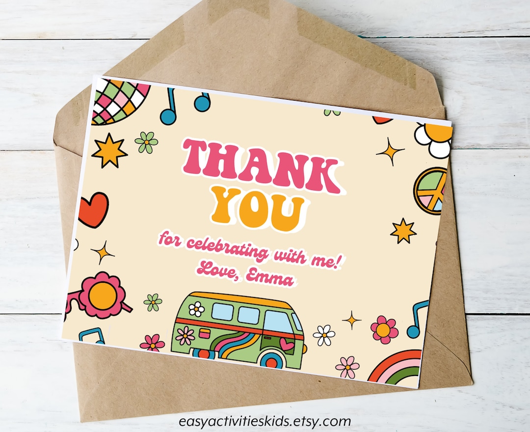 Groovy Retro Thank You Card, Hippie Flower 70s Party Vibe Thank You ...