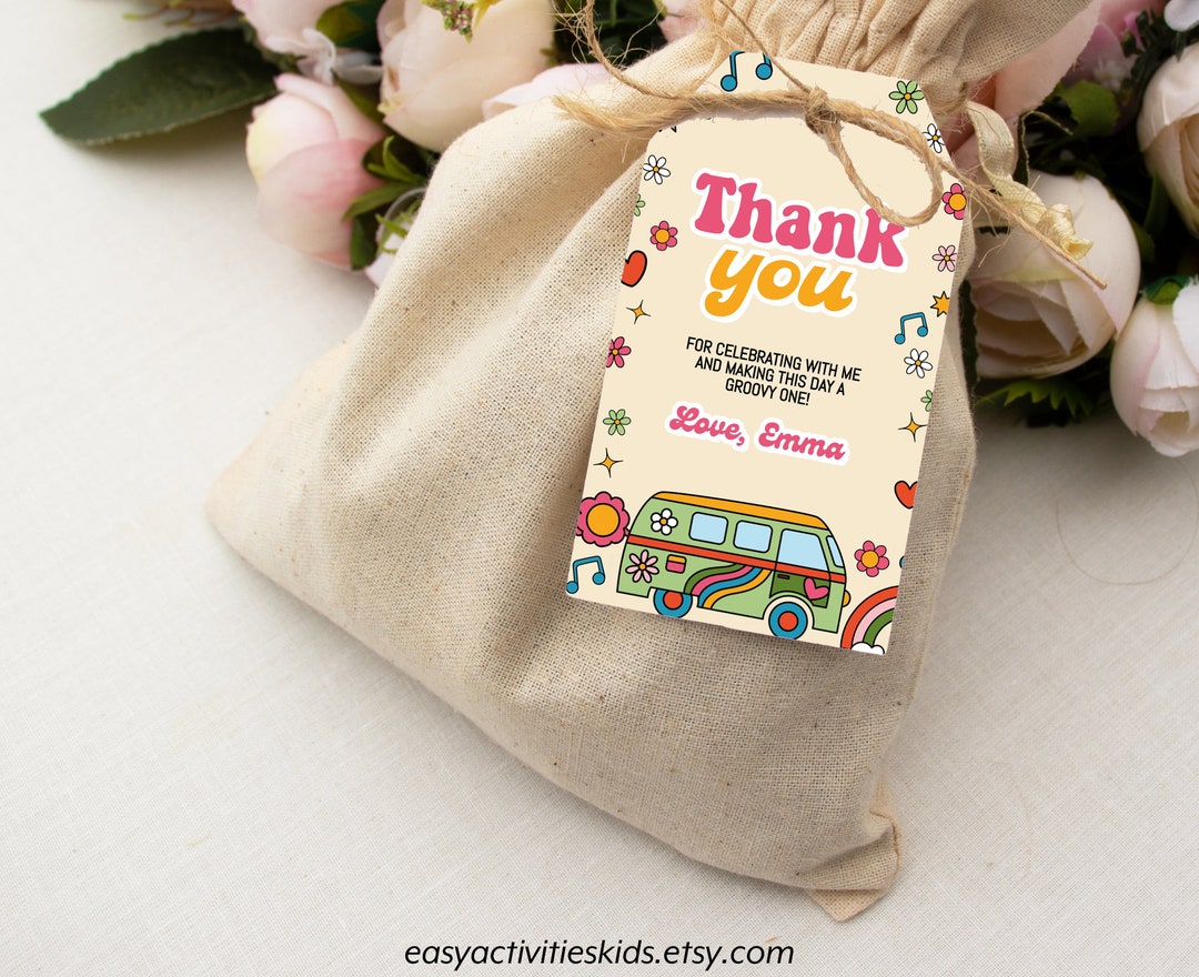 Editable Groovy Retro Birthday Favor Tags, Hippie Flower 70s Party Vibe ...