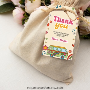 Editable Groovy Retro Birthday Favor Tags, Hippie Flower 70s Party Vibe ...