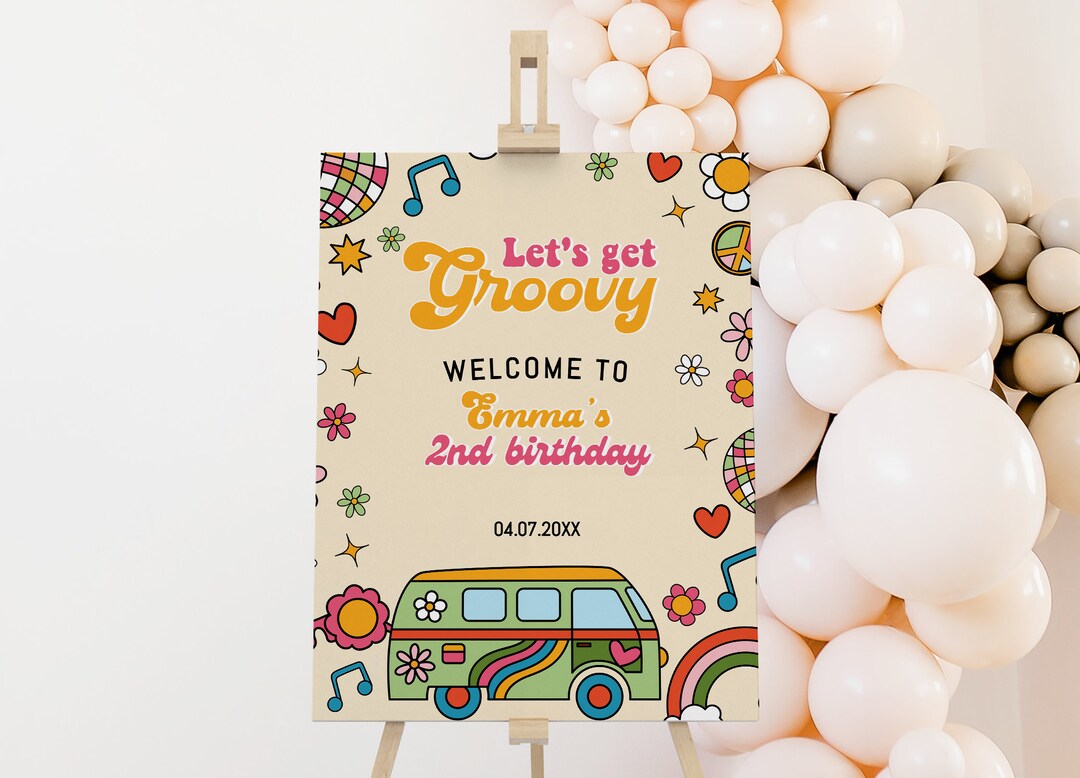 Editable Groovy Retro Birthday Welcome Sign, Hippie Flower 70s Party ...