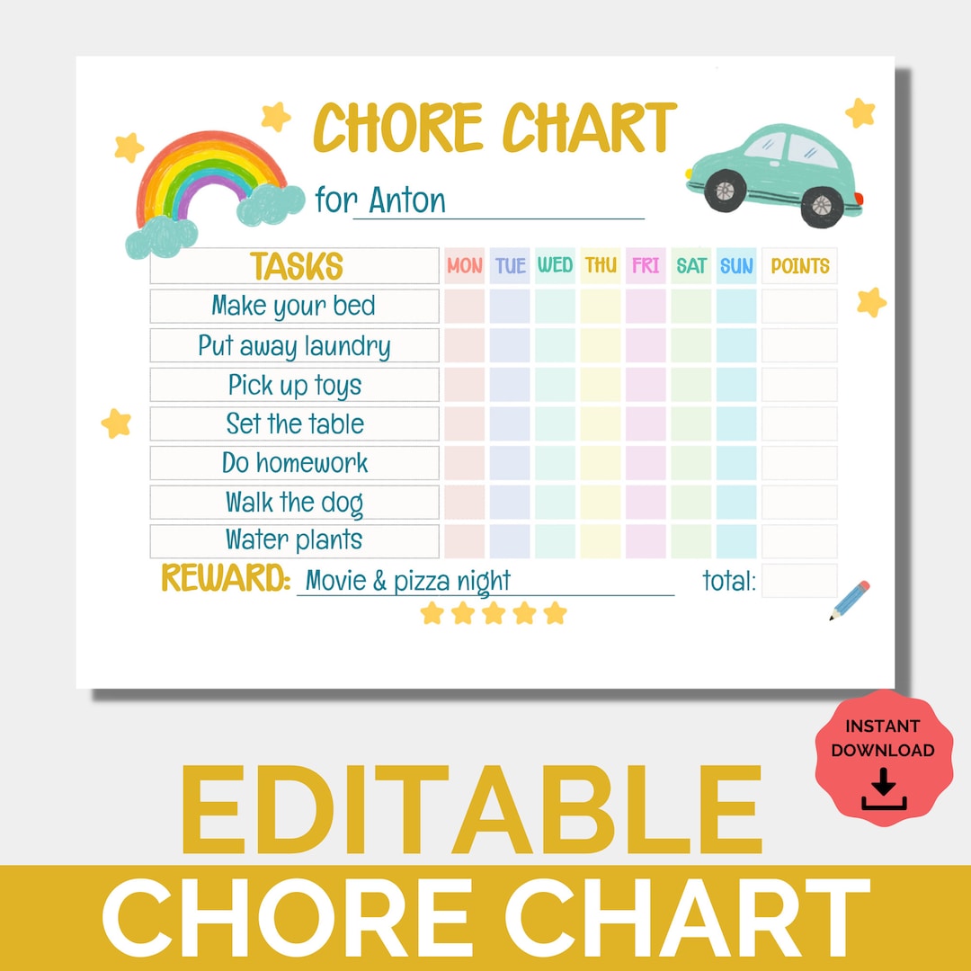 Interactive Kids Chore Chart, Editable & Printable Reward System | Kids ...