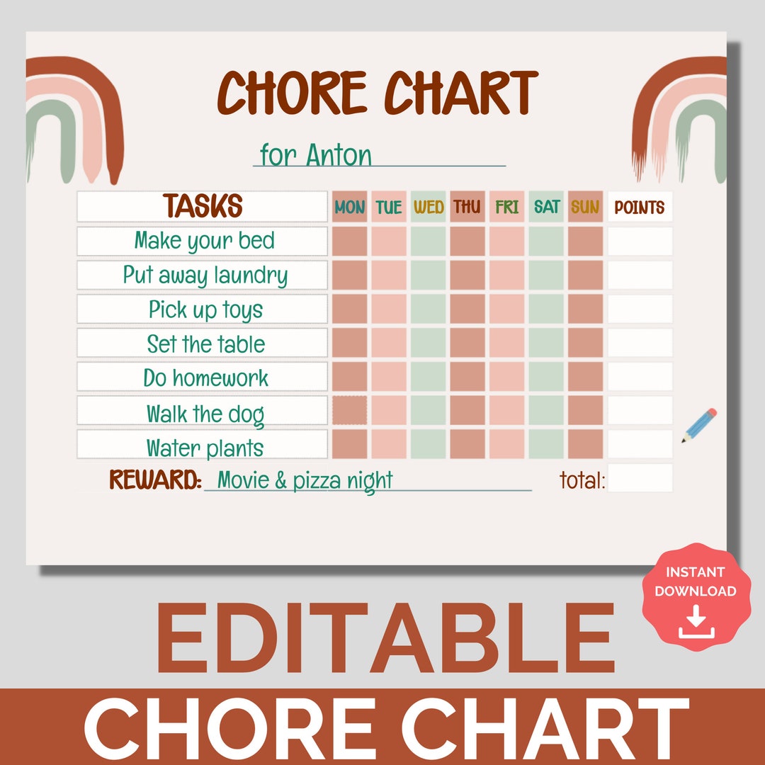 Kids Chore Chart Boho Rainbow, Editable & Printable Reward System ...