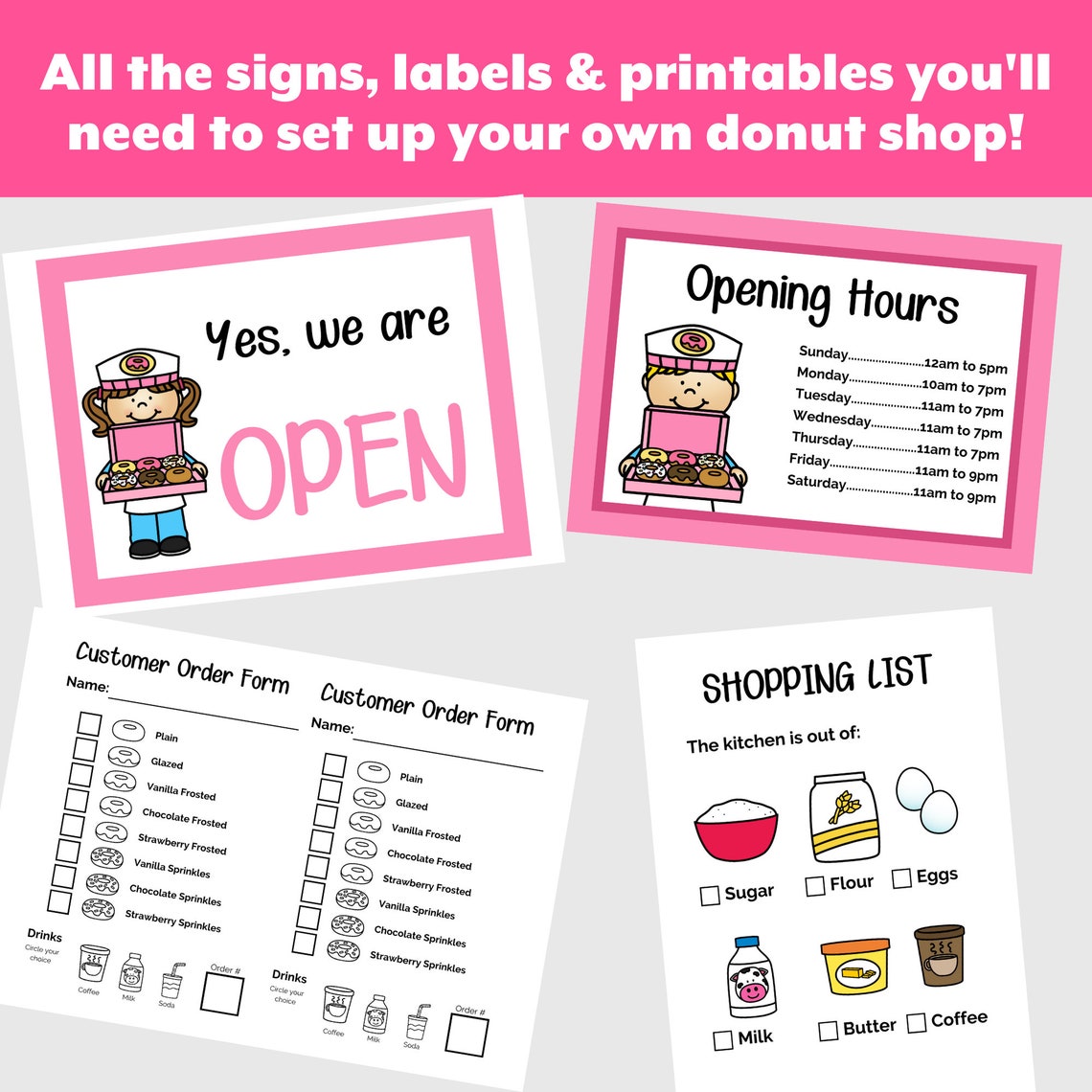 Donut Shop Dramatic Play Pack, Printable Pretend Play | Preschool ...
