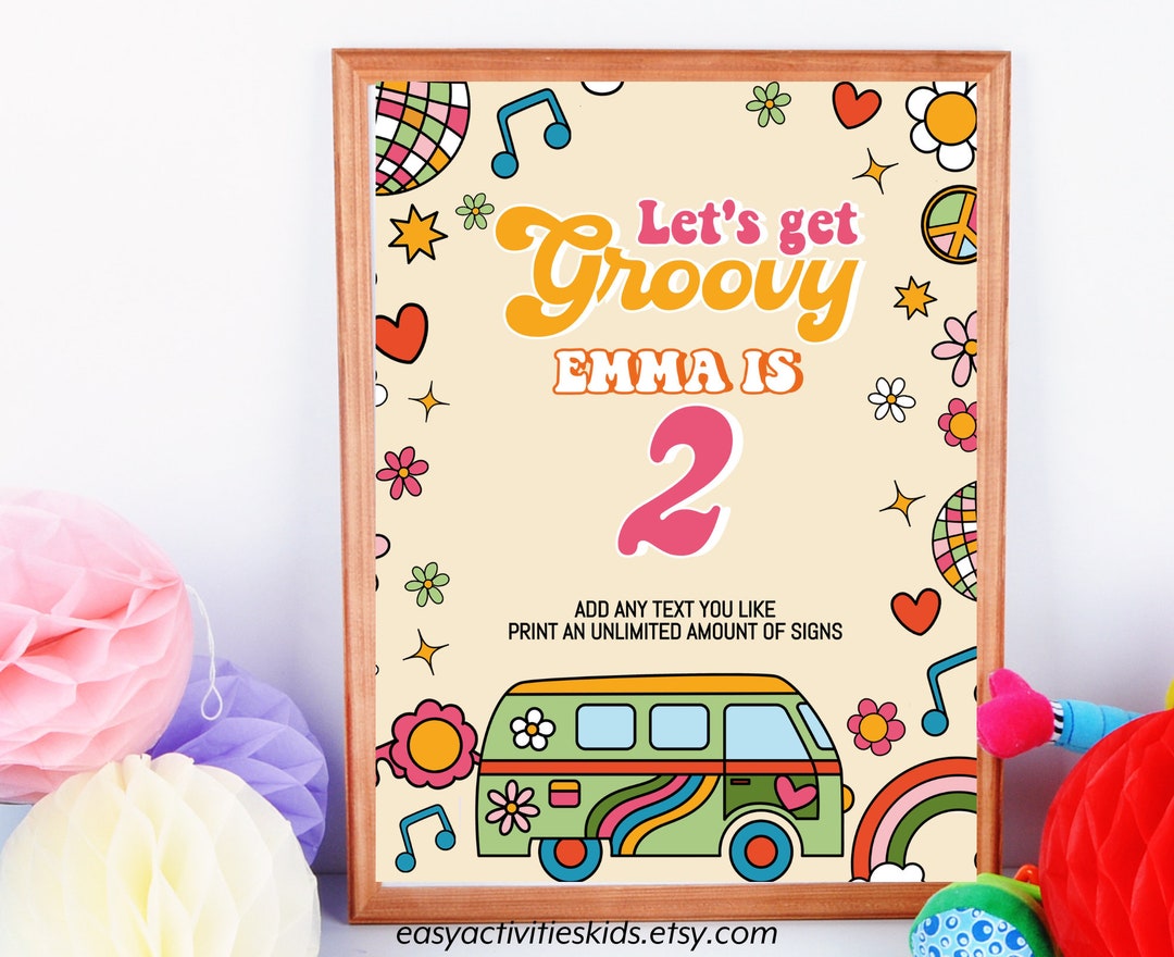 Editable Custom Sign Groovy Retro Birthday Hippie Flower 70s Party Vibe ...