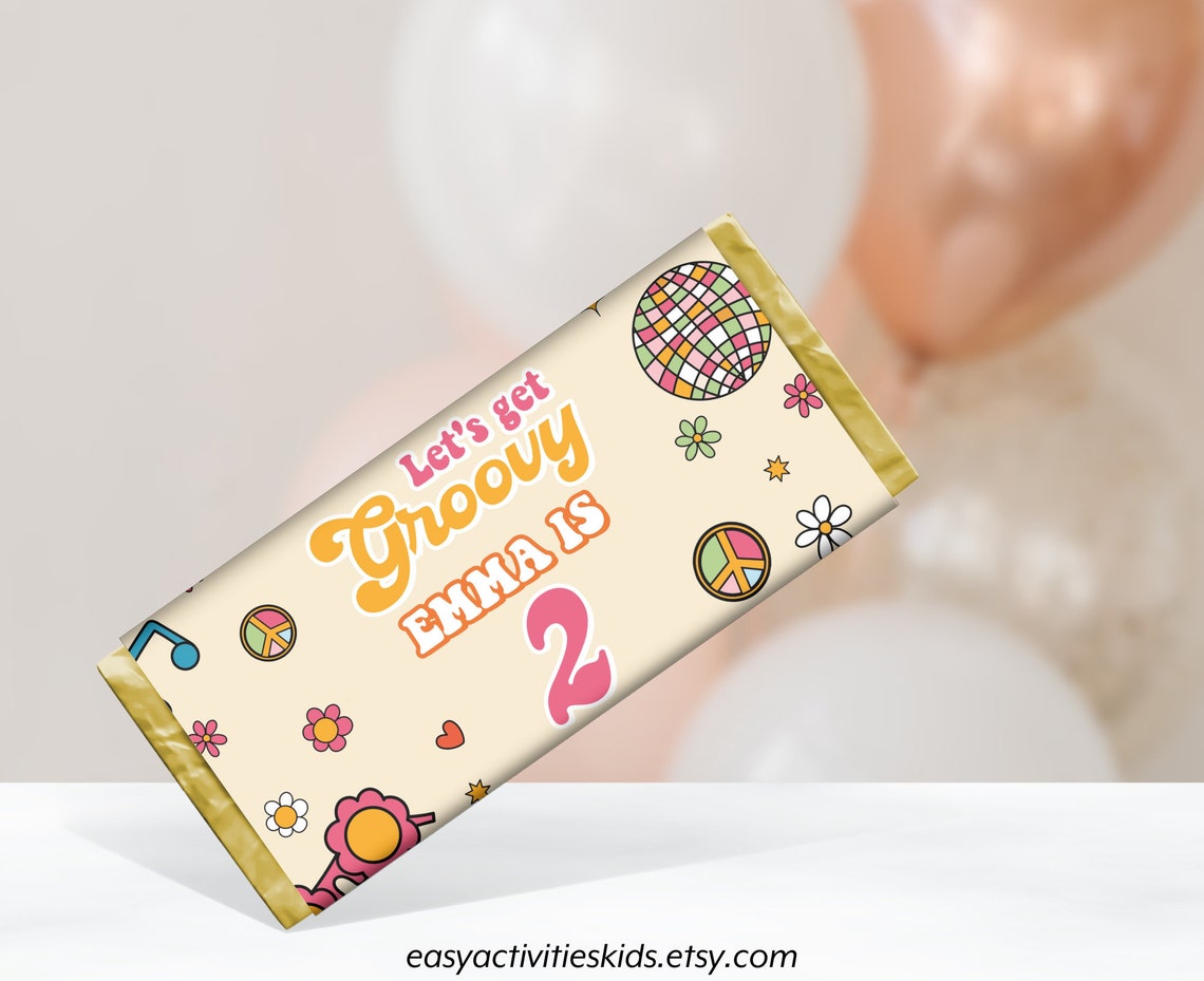 Editable Groovy Retro Chocolate Bar Labels Candy Wrapper, Hippie Flower ...