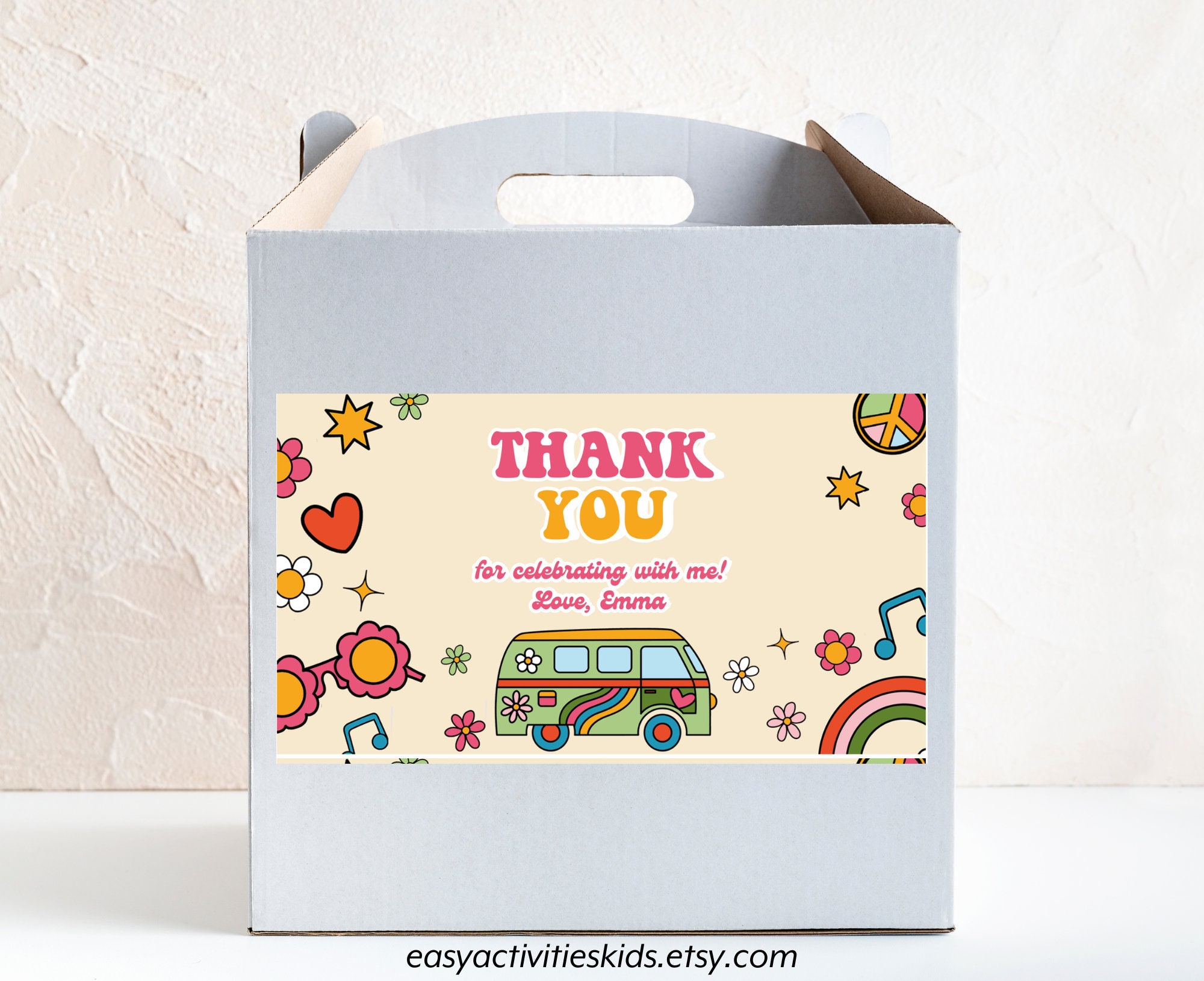Editable Groovy Retro Gable Box Label Birthday Gift Box Hippie - Etsy