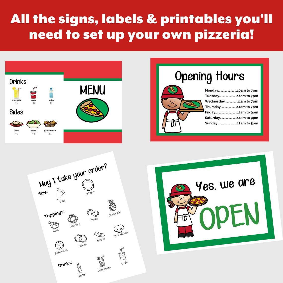 Pizza Restaurant Dramatic Play Pack | Printable Dramatic Play Kit for ...