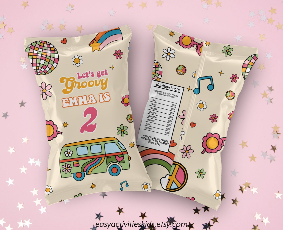 Editable Groovy Retro Chip Bag Label Wrapper, Hippie Flower 70s Party ...
