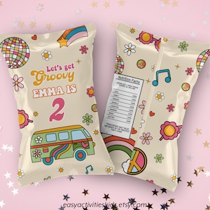 Editable Groovy Retro Chip Bag Label Wrapper, Hippie Flower 70s Party ...
