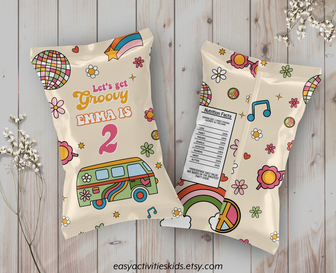 Editable Groovy Retro Chip Bag Label Wrapper, Hippie Flower 70s Party ...