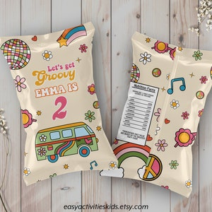 Editable Groovy Retro Chip Bag Label Wrapper, Hippie Flower 70s Party ...