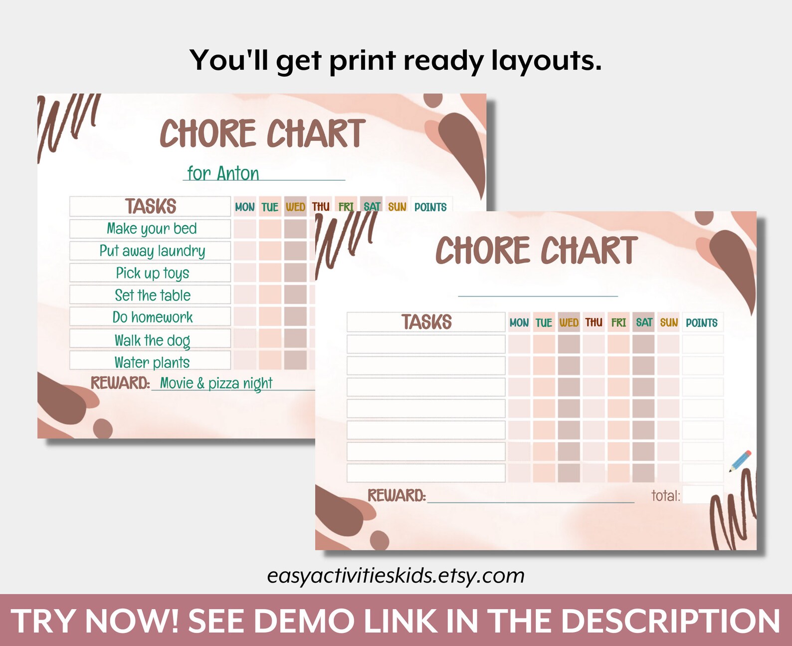 Kids Chore Chart Boho, Editable & Printable Reward System | Kids Daily ...