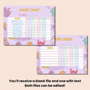 Kids Chore Chart Under the Sea, Editable & Printable Reward System ...