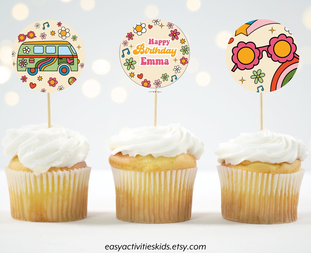 Editable Groovy Retro Birthday Cupcake Toppers, Hippie Flower 70s Party ...