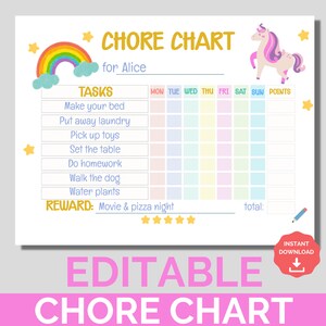 Kids Chore Chart Unicorn, Editable & Printable Reward System | Kids ...