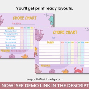 Kids Chore Chart Under the Sea, Editable & Printable Reward System ...