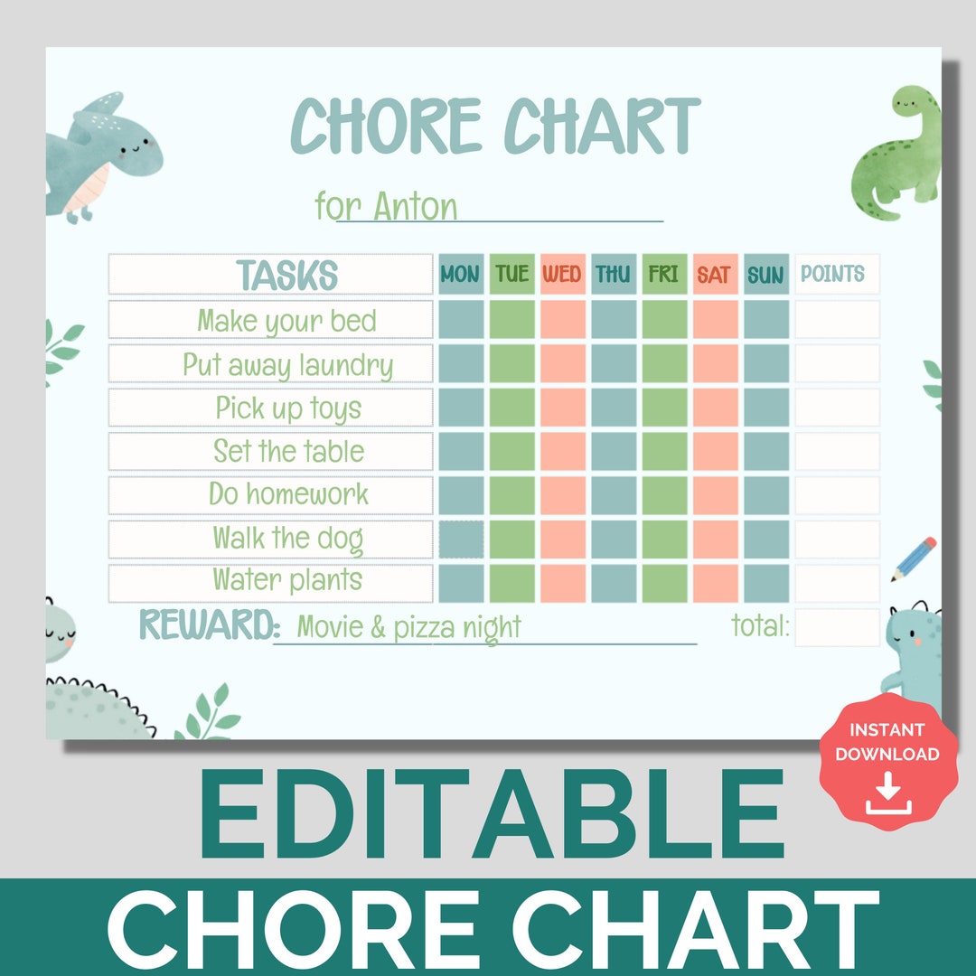 Kids Chore Chart Dinosaurs, Editable & Printable Reward System | Kids ...