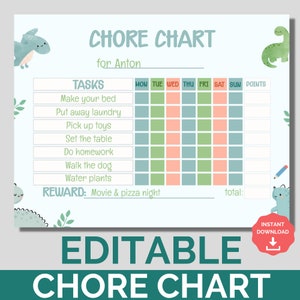 Kids Chore Chart Dinosaurs, Editable & Printable Reward System | Kids ...