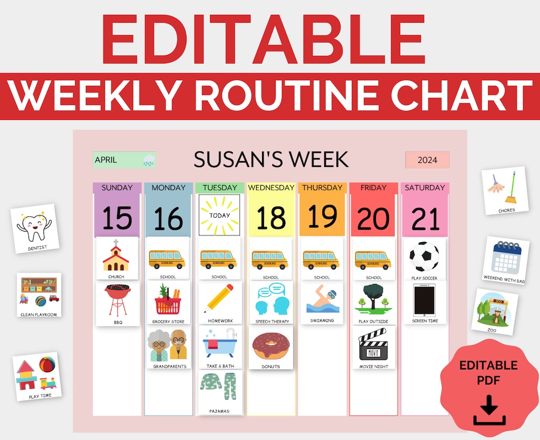 Editable Weekly Visual Routine Chart With Cards Schedule for Kids ...