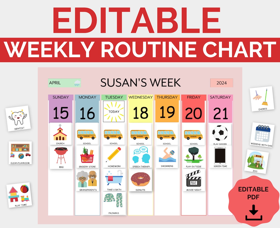 Editable Weekly Visual Routine Chart With Cards Schedule for - Etsy ...