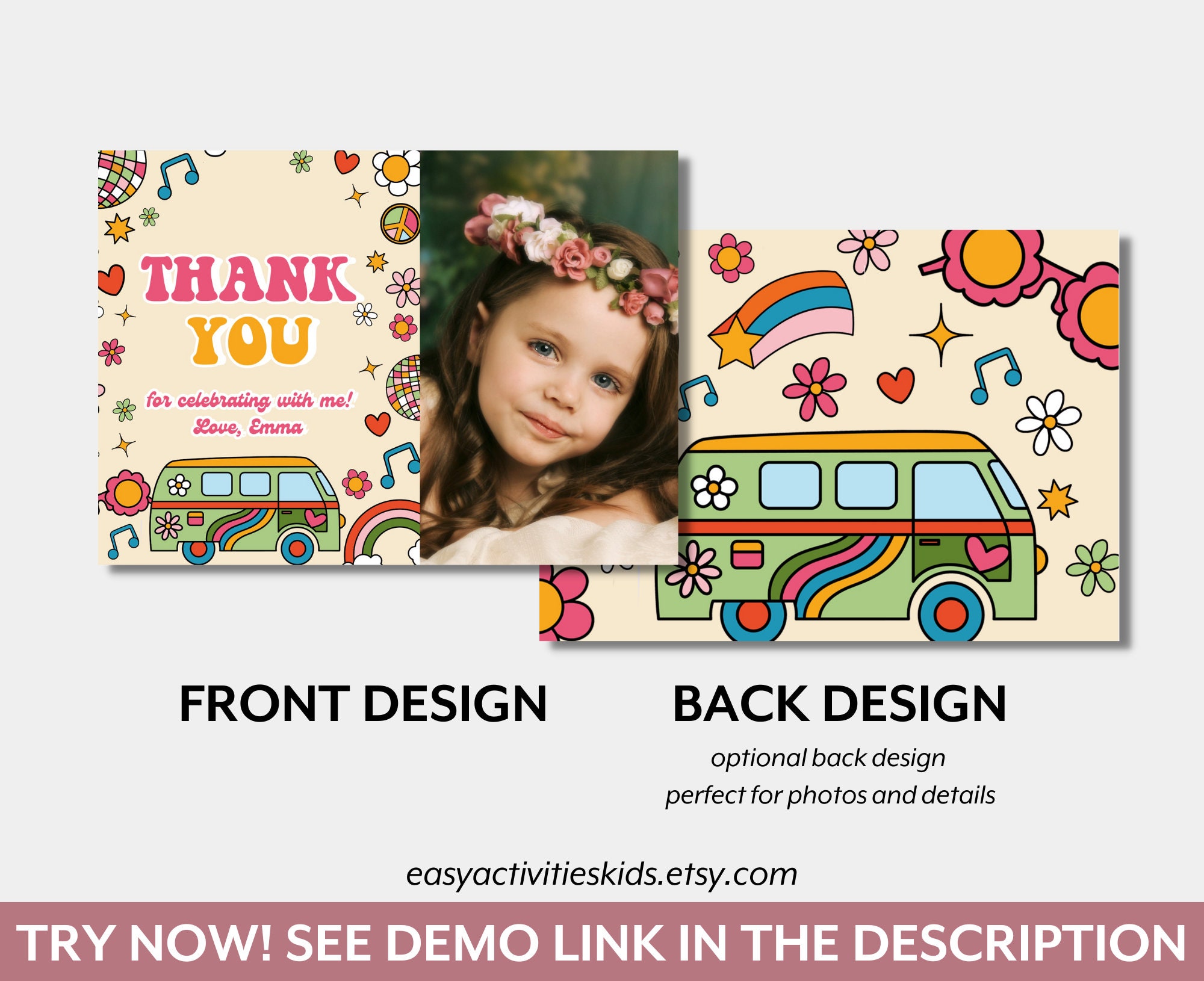 Editable Groovy Retro Birthday Thank You Card With Photo - Etsy