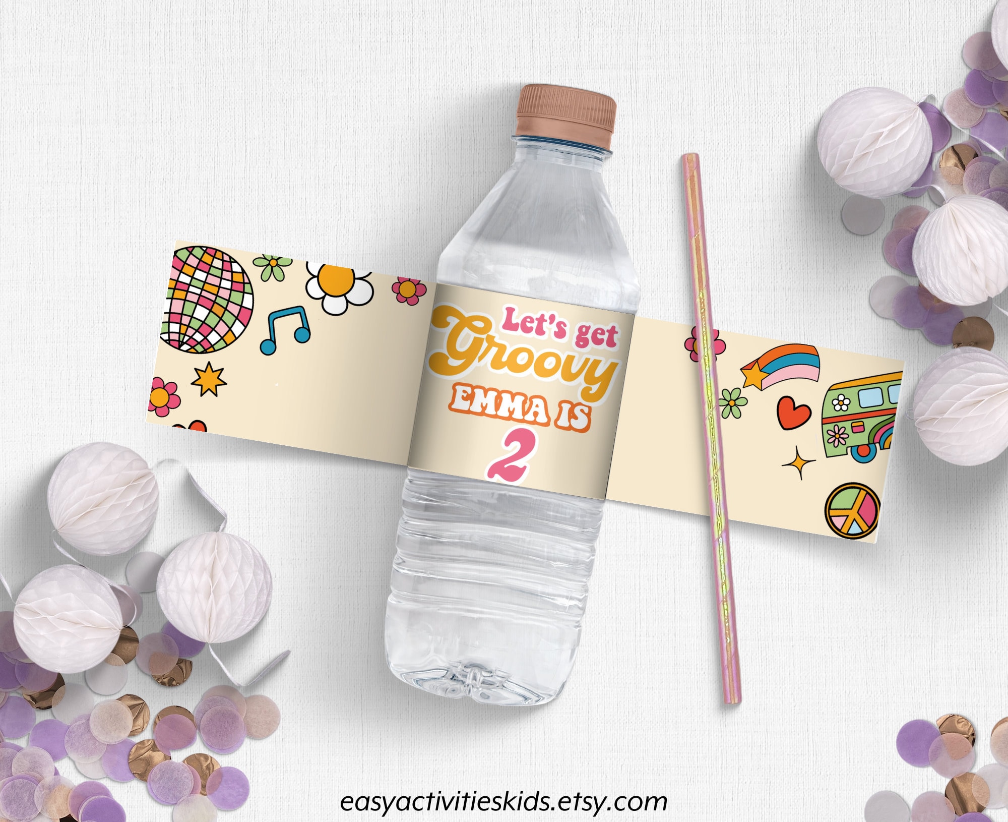Editable Groovy Retro Water Bottle Labels, Hippie Flower 70s Party Vibe ...