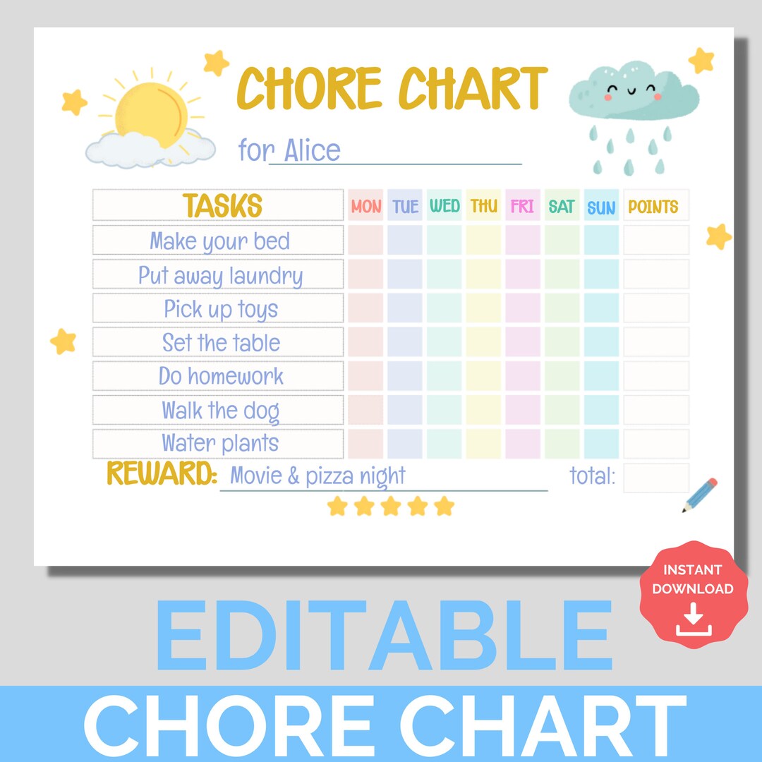 Kids Chore Chart Sunshine, Editable & Printable Reward System | Kids ...