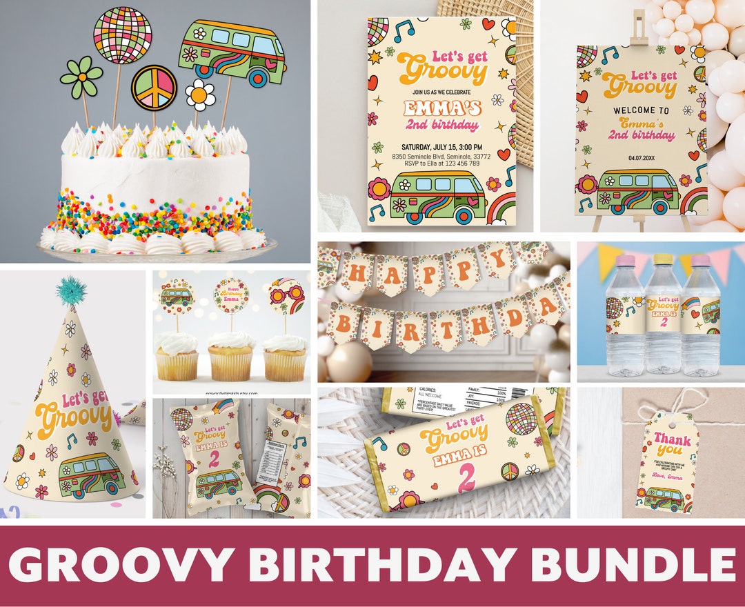Editable Groovy Retro Birthday Invitation Bundle, Hippie Flower 70s ...