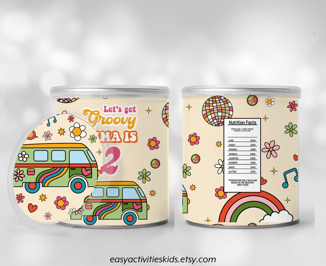 Editable Groovy Retro Chips Can 1.3oz Label Wrapper, Hippie Flower 70s ...