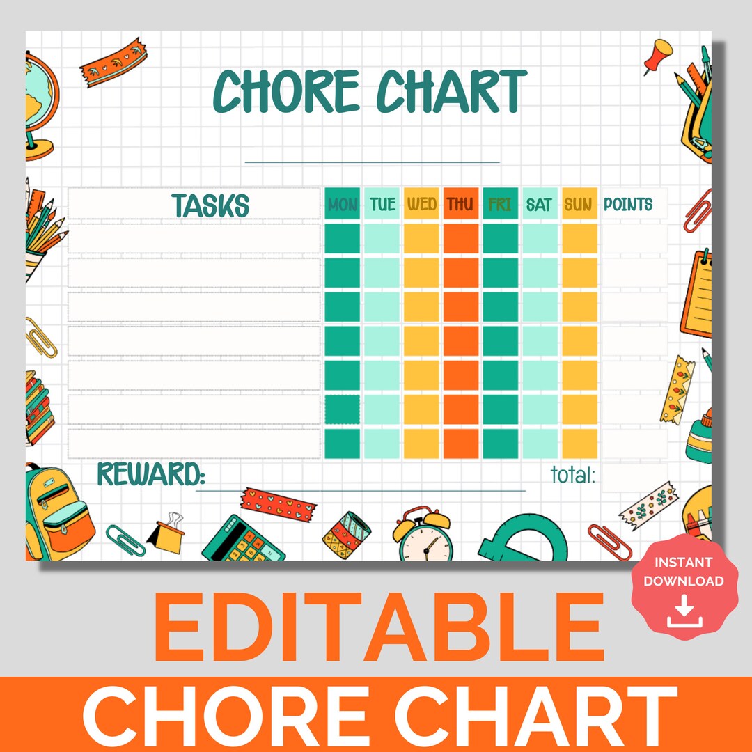 Kids Chore Chart School Supply, Editable & Printable Reward System ...