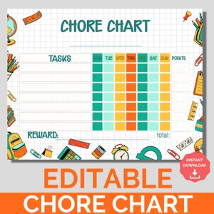 Kids Chore Chart School Supply, Editable & Printable Reward System ...
