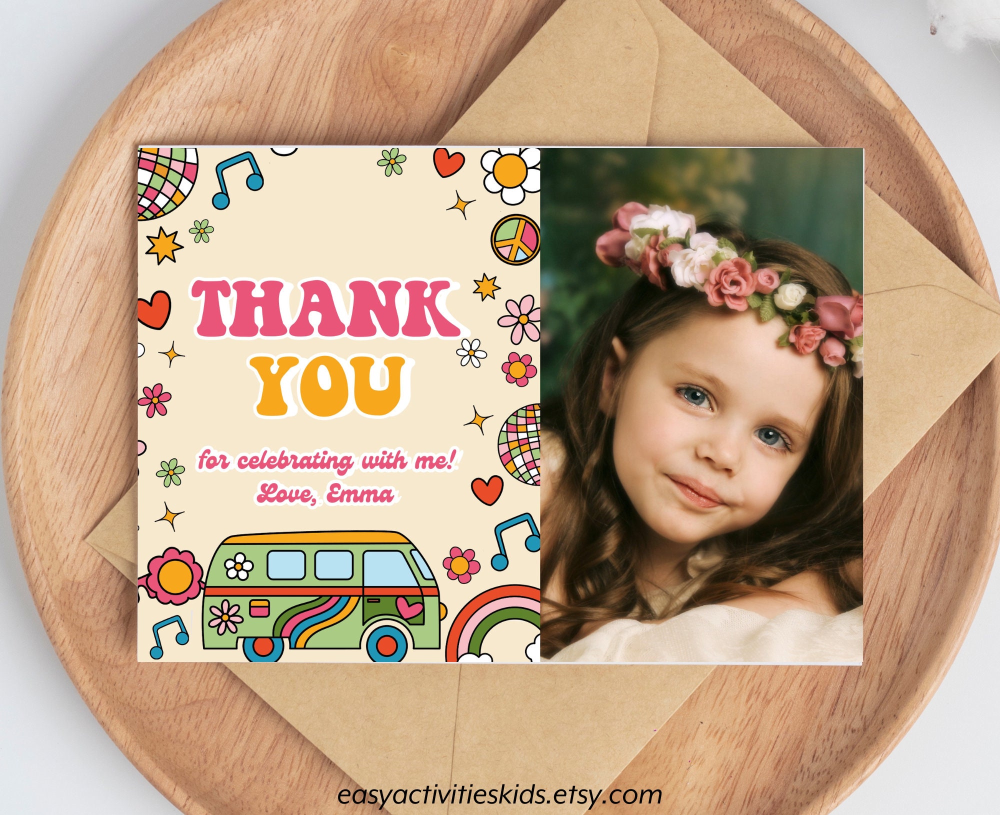Editable Groovy Retro Birthday Thank You Card With Photo, Hippie Flower ...