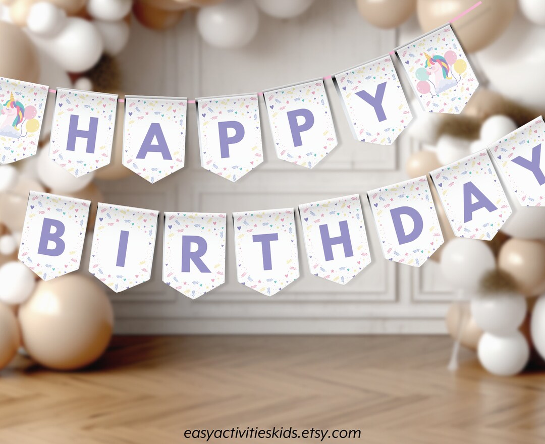 Editable Happy Birthday Banner Unicorn Rainbow Girl Magical Party ...
