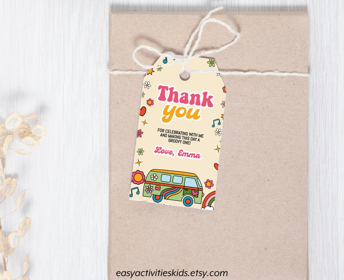 Editable Groovy Retro Birthday Favor Tags, Hippie Flower 70s Party Vibe ...