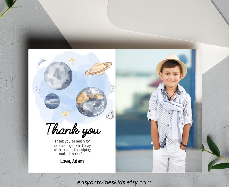 Editable Space Birthday Thank You Card With Photo, Space to the Moon ...