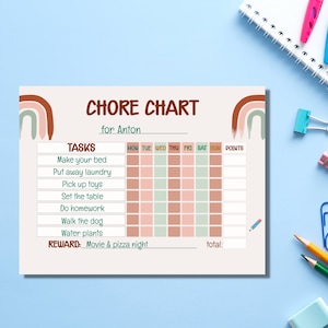 Kids Chore Chart Boho Rainbow, Editable & Printable Reward System ...