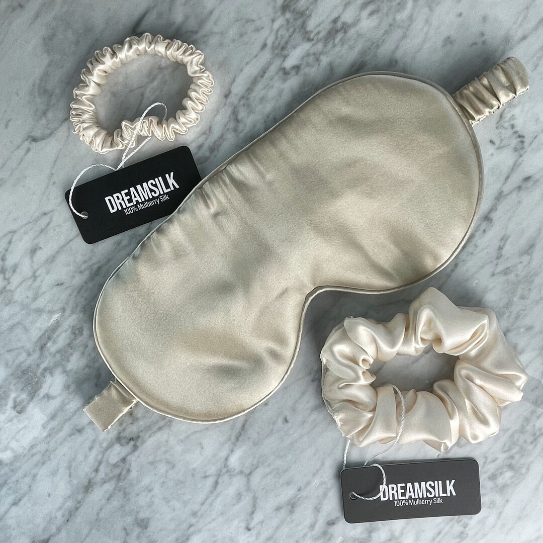 100% Silk Sleep Mask Beige & Silk Scrunchie Beige Bundle - Mulberry ...