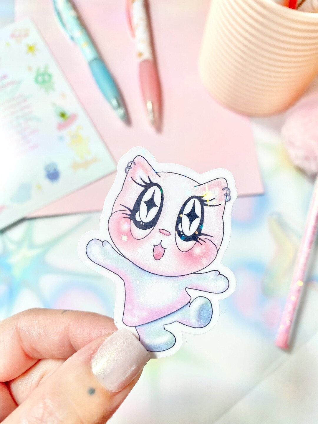 Cute Cat Pink Kawaii Waterproof Sticker Kidcore Pastel Goth Chibi Vinyl ...