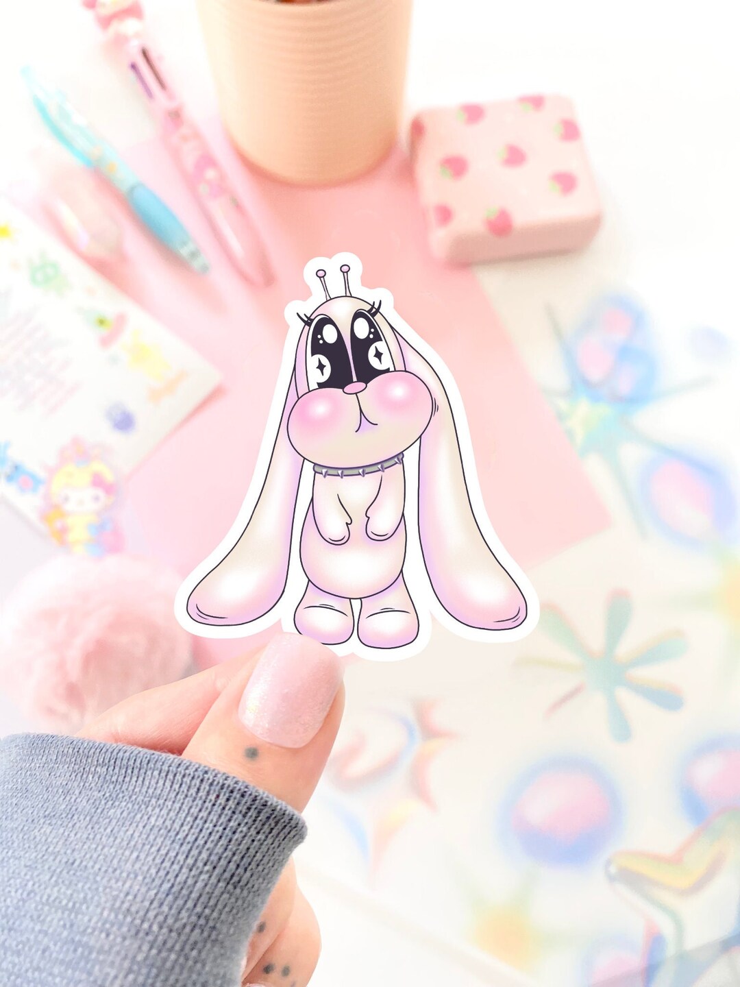 Cute Pink Alien Bunny Kawaii Waterproof Sticker Kidcore Pastel Goth ...