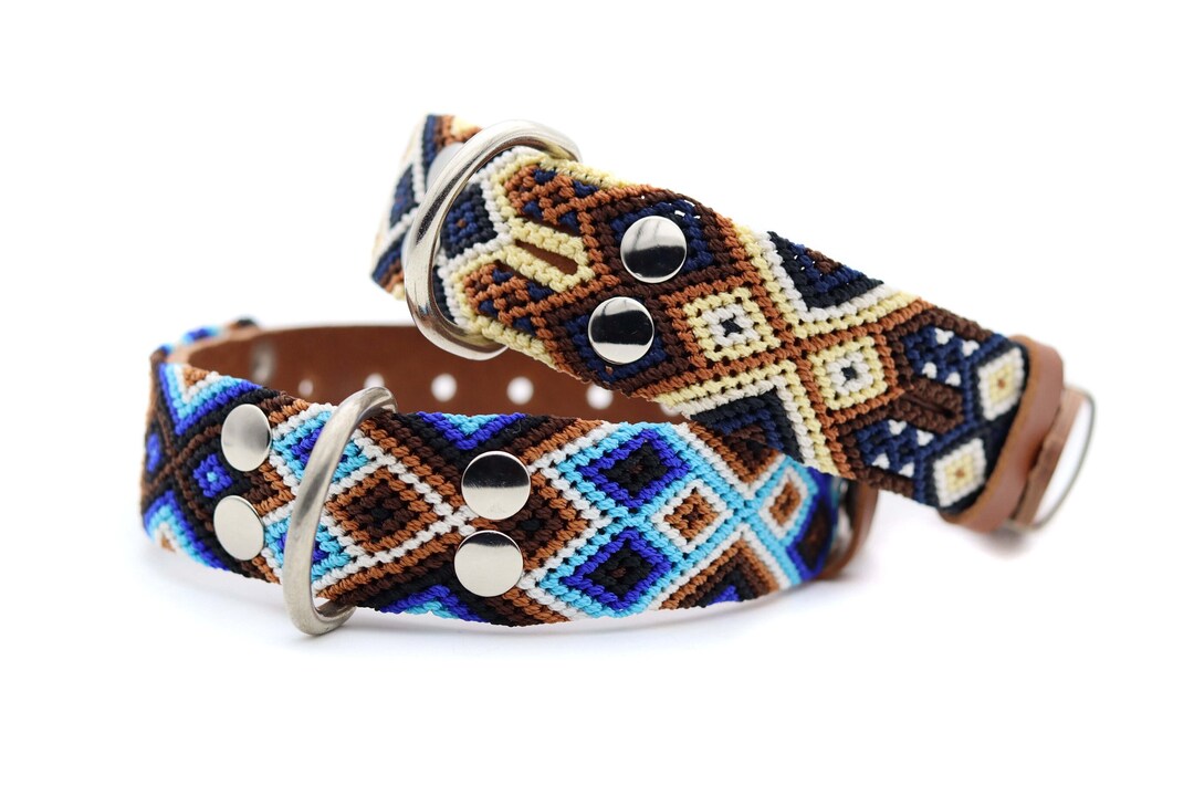 Leather Dog Collar in Blue and Brown Colors, Handmade Dog Collars, Hand ...