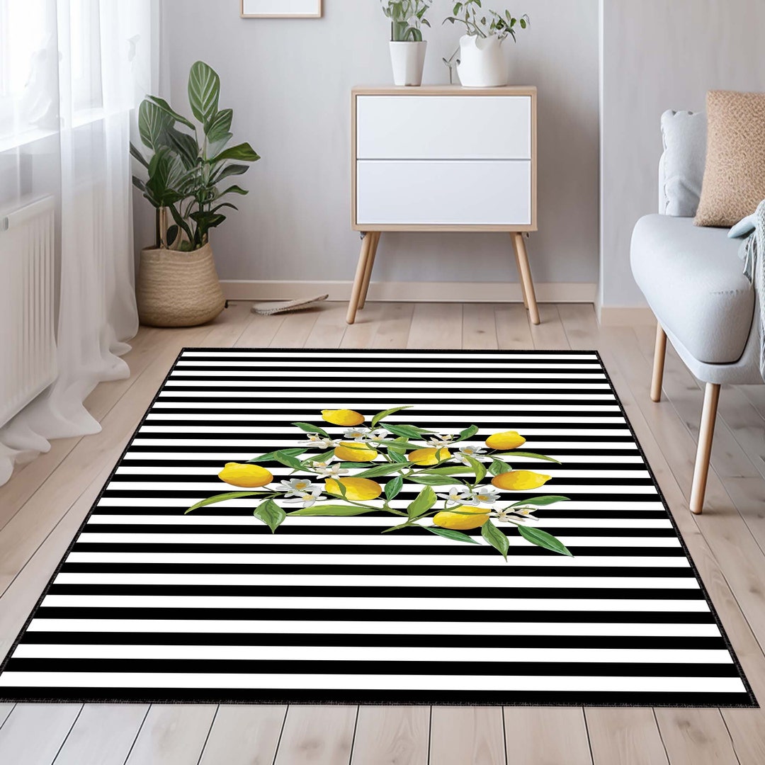 Lemon Design Rug, Lemon Rug, Kitchen Rug, Striped Pattern Rug, Black ...