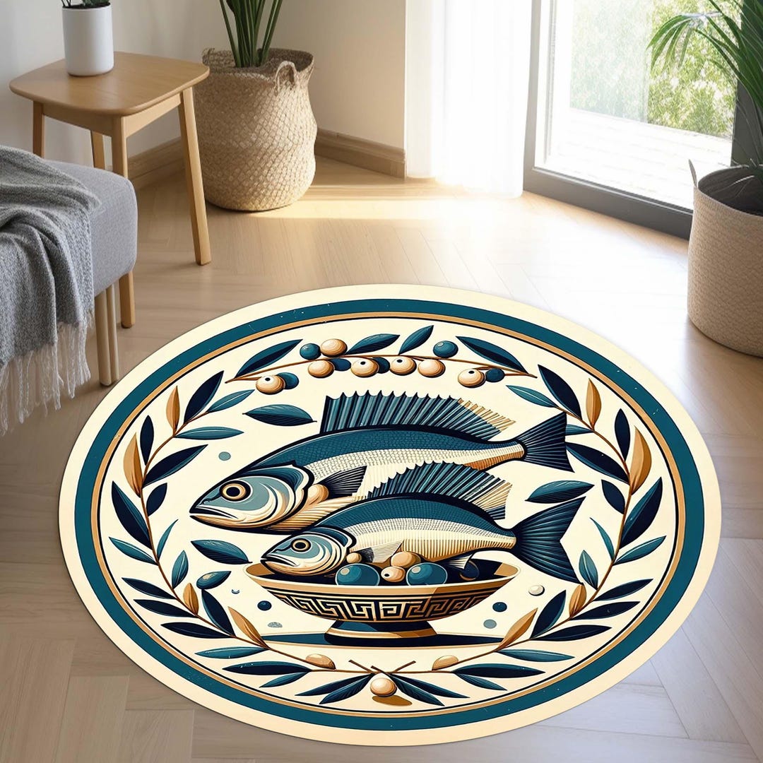 Fish Rug, Mediterranean Fish Round Kitchen Rug, Greek Ceramic Style ...