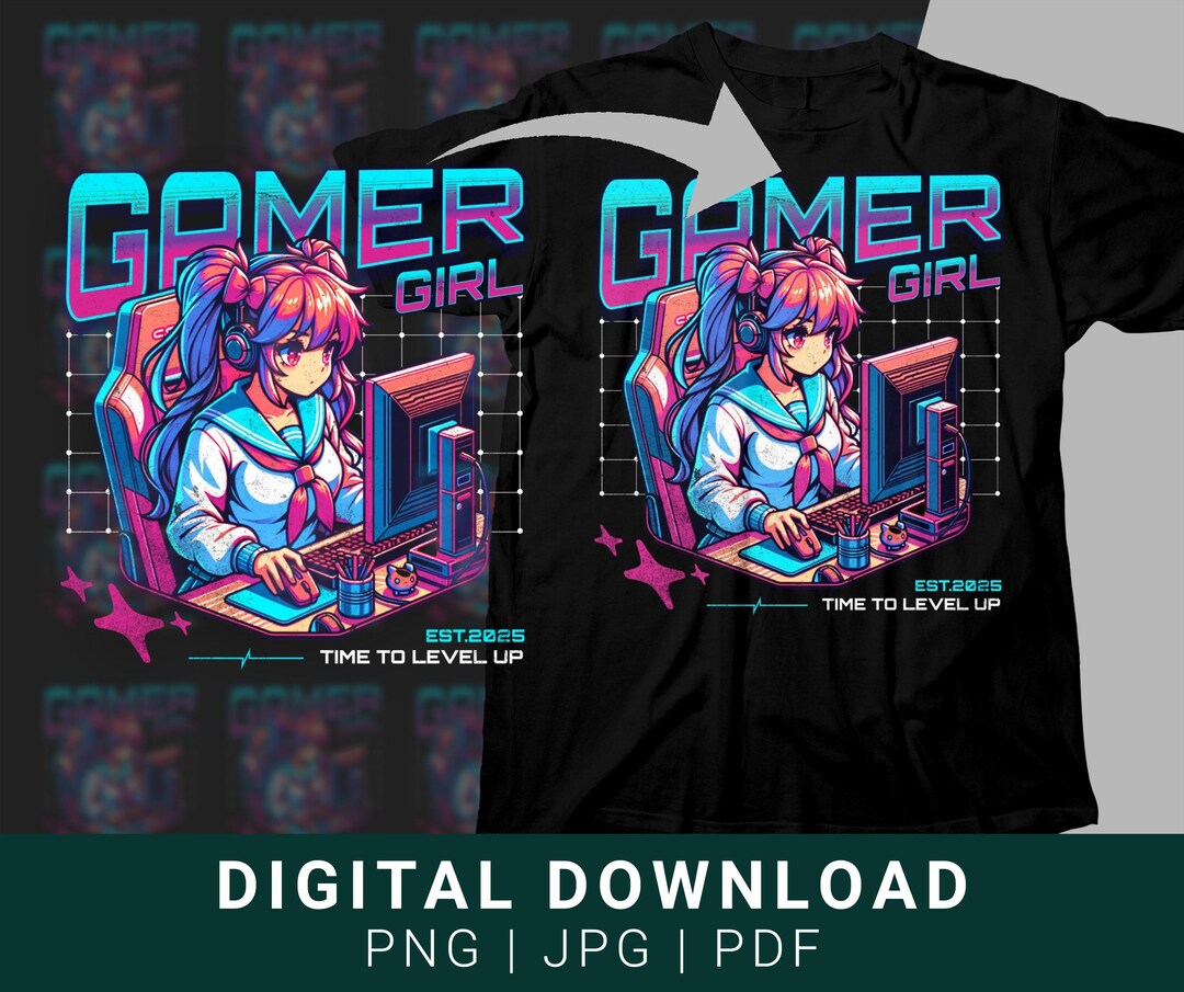 Gamer Girl Digital Download, Anime Gamer Art, PNG File for Clothing ...