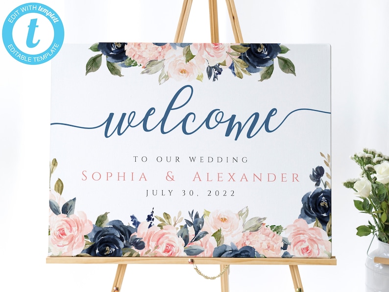 Navy Blush Wedding Welcome Sign 3 Editable Templates - Etsy