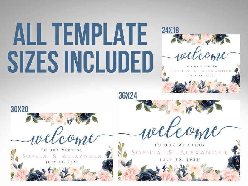 Navy Blush Wedding Welcome Sign 3 Editable Templates - Etsy