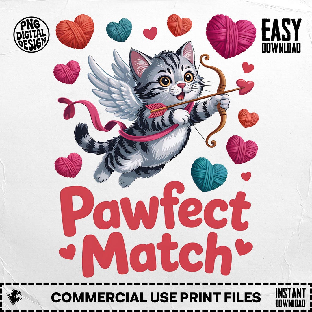 Cute Cat Cupid Digital Download, Pawfect Match, Valentine Animal Art ...